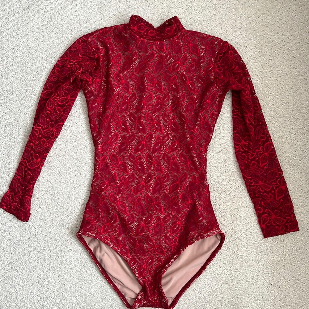 Red High Neck Long Sleeve Leotard - Gem